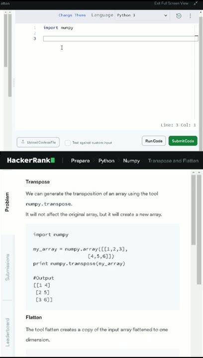 hackerrank python numpy transpose and flatten