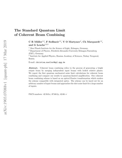 PDF The Standard Quantum Limit Of Coherent Beam Combining
