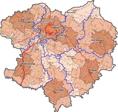Карта харьковской области с районами и селами и деревнями на русском языке