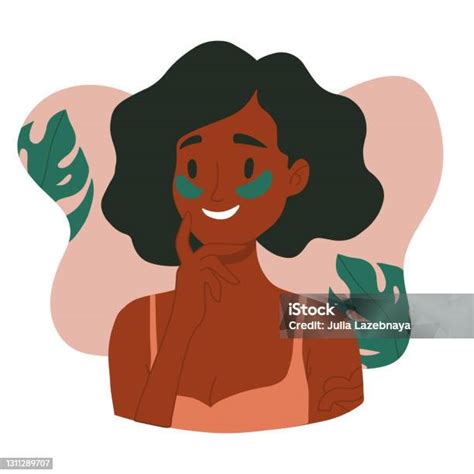 스킨 케어 루틴 어린 소녀는 피부 유기농 천연 화장품을 마주하고 있습니다 한국 화장품 눈 패치와 수건 초상화에 여자 관리 용품 뷰티 프로시저 벡터 만화 아이콘 얼굴 관리