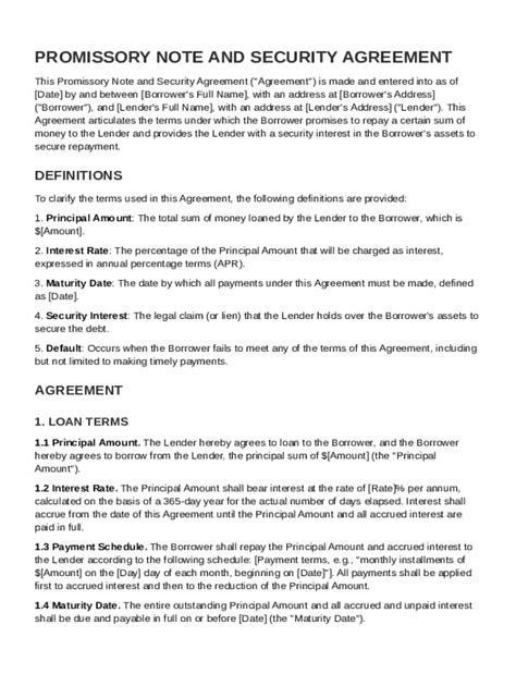 Promissory Note And Security Agreement Template Form Fill Out And