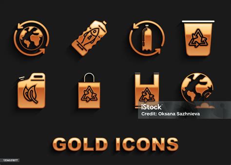 재활용 휴지통 기호 지구 지구 및 플랜트 바이오 연료 통 재활용 플라스틱 병 행성 지구 재활용 및 해양 오염 아이콘이있는 비닐 봉지를 설정합니다 벡터 개념에 대한 스톡 벡터