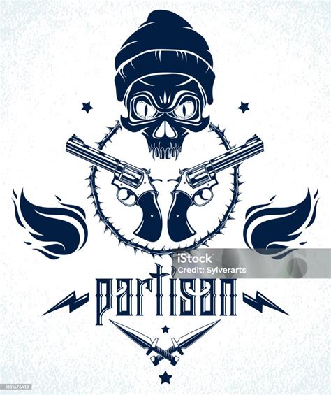 혁명과 폭동 은 공격적인 두개골 무기와 다른 디자인 요소 벡터 문신 무정부 상태와 혼돈 반란군 당파와 혁명과 사악한 상징 Revolution에 대한 스톡 벡터 아트 및 기타