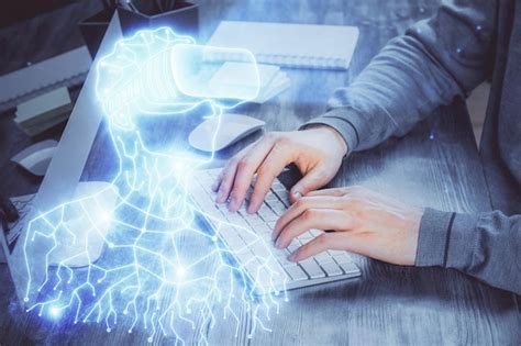 Premium Photo Ar Hologram With Man Working On Computer On Background