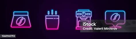 커피 원두 커피 컵 머신 및 위치 등을 세트 라인으로 설정 합니다 빛나는 네온 아이콘입니다 벡터 가방에 대한 스톡 벡터 아트 및