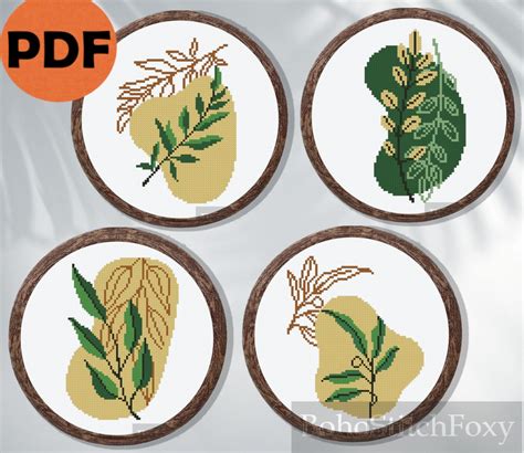 Green Leaves Cross Stitch Patterns Minimalist Boho Plant Pdf Etsy