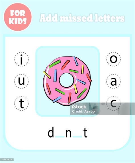 놓친 편지 책 페이지 벡터 만화 템플릿 어린이를위한 교육 철자 유치원 학습 개념 만화 도넛 달콤한 음식 격리 퀴즈 학교 초등학교 필기 카드 연습을 추가하십시오 0명에 대한