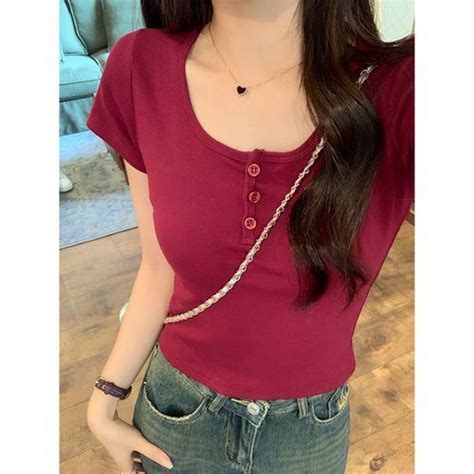 시크온미 와인 유넥 단추 골지 슬림핏 타이트 반팔 쫄티 크롭티 여리핏