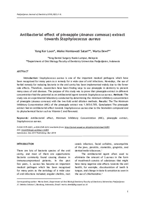 Pdf Antibacterial Effect Of Pineapple Ananas Comosus Extract Towards Staphylococcus Aureus