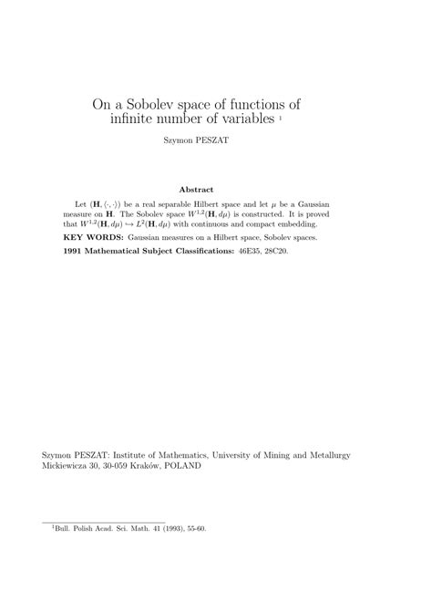 Pdf On A Sobolev Space Of Functions Of Infinite Number Of Variable