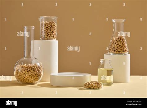 Set Of Geometric Shaped Podiums Displayed With Few Glassware Of Soybean