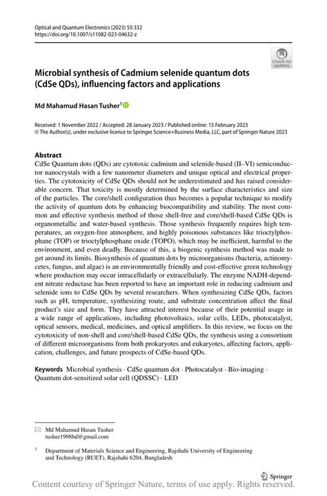 Microbial Synthesis Of Cadmium Selenide Quantum Dots Cdse Qds Influencing Factors And