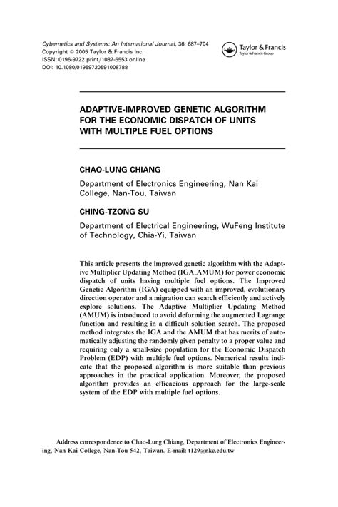 Pdf Adaptive Improved Genetic Algorithm For The Economic Dispatch Of