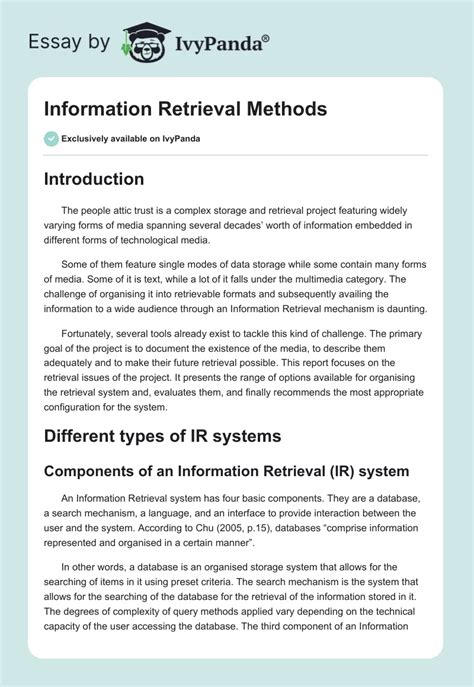Information Retrieval Methods 2493 Words Report Example