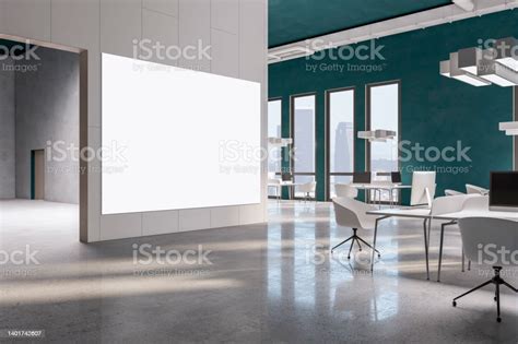 벽 도시 전망 가구 및 장비에 빈 흰색 모의 배너가있는 현대적인 콘크리트 코워킹 오피스 인테리어 3d 렌더링 0명에 대한 스톡 사진 및 기타 이미지 Istock