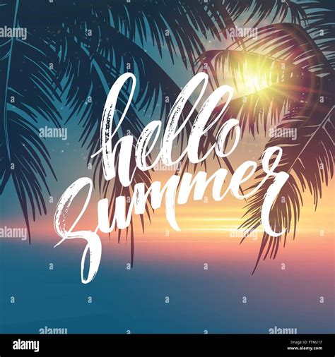 Hello summer background. Tropical palm leaves pattern, handwriting lettering. Palm Tree branches ...