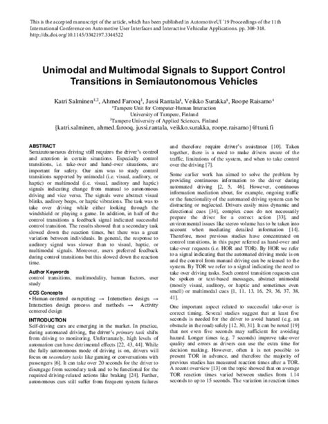 Pdf Unimodal And Multimodal Signals To Support Control Transitions In