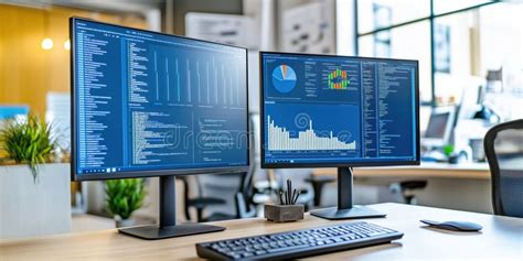 Dual Computer Monitors Displaying Data Analytics And Programming Code In Modern Office