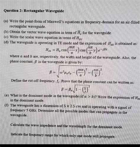 Question Rectangular Waveguide A Write The Chegg