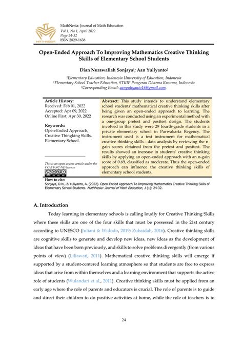 Pdf Open Ended Approach To Improving Mathematics Creative Thinking Skills Of Elementary School