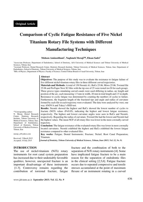 Pdf Comparison Of Cyclic Fatigue Resistance Of Five Nickel Titanium