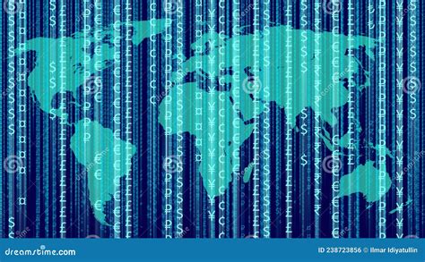 currency symbols in the form of a matrix of binary code on the