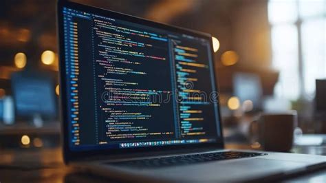 Software Development Code Displayed On Laptop Screen In Blurred Office