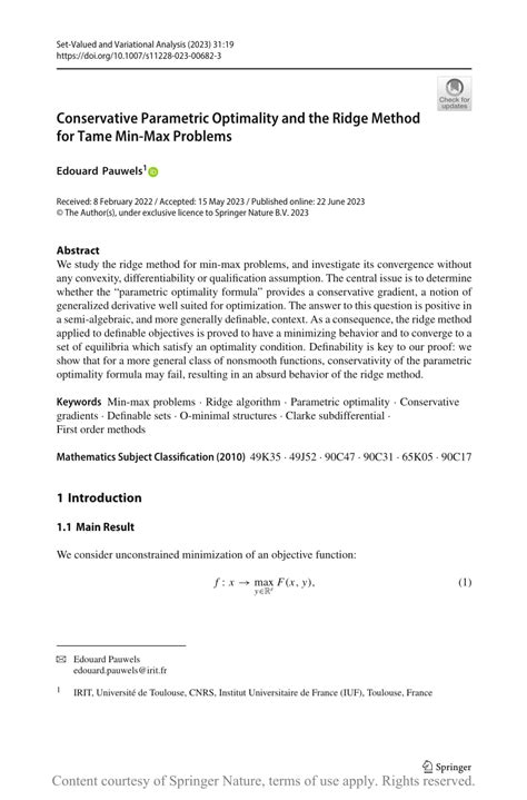 Conservative Parametric Optimality And The Ridge Method For Tame Min Max Problems Request Pdf