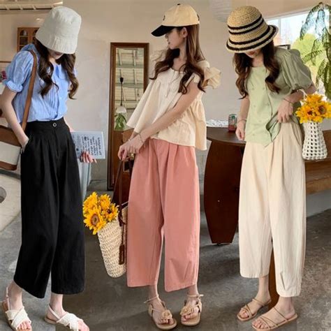 시크온미 여성 핀턱 뒤 밴딩 배기팬츠 루즈핏 8부 핑크 크림색 여름 바지 편한 출근 키작녀