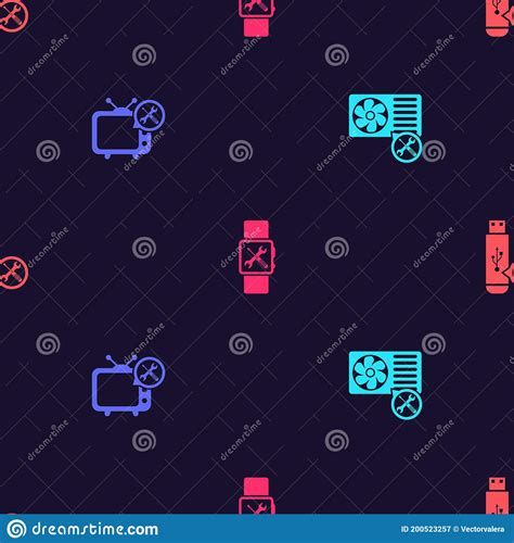Set Air Conditioner Service Tv Smartwatch And Usb Flash Drive On Seamless Pattern Vector