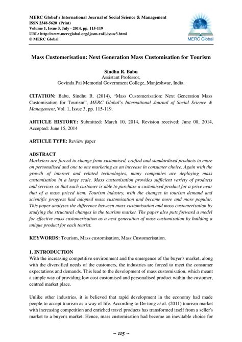 Pdf Mass Customerisation Next Generation Mass Customisation For Tourism