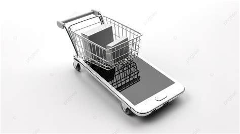 디자인을 위해 흰색 배경에 있는 장바구니 트롤리에 있는 빈 화면 휴대폰의 3d 렌더링 전자제품 가게 장바구니 전자 상거래