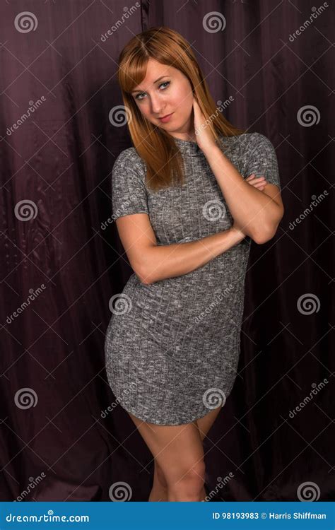 Redhead In Gray Stock Image Image Of Petite Shapely 98193983
