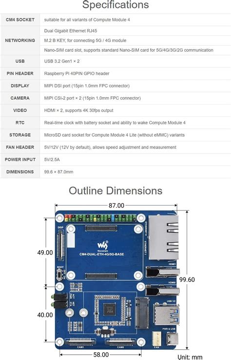 Waveshare Dual Gigabit Ethernet 5g 4g Base Board Designed For Raspberry Pi Compute Module 4
