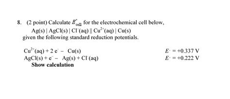 Solved Calculate E Degree Cell For The Electrochemical Cell