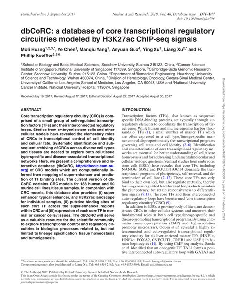 Pdf Dbcorc A Database Of Core Transcriptional Regulatory Circuitries