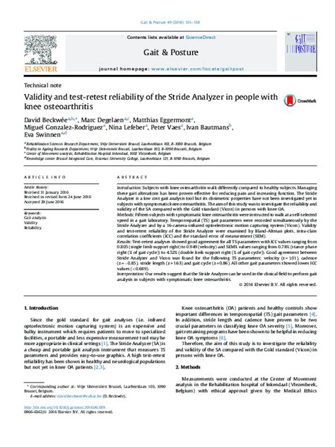 Pdf Validity And Test Retest Reliability Of The Stride Analyzer In