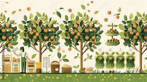 Step By Step Infographic Style Illustration Showing The Nut Picking Process Including Stages