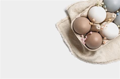 작은 꽃을 장식 계란 상자에 색이 부활절 달걀 파스텔을 닫습니다 최소한의 부활절 축하 개념 휴일 기호 그린 치킨 달걀 베이지 흰색 회색 색판지 팩 4월에 대한 스톡 사진 및