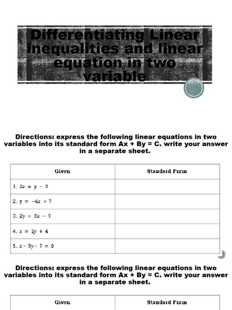 Differentiating Linear Inequalities And Linear Equation In Two Pdf
