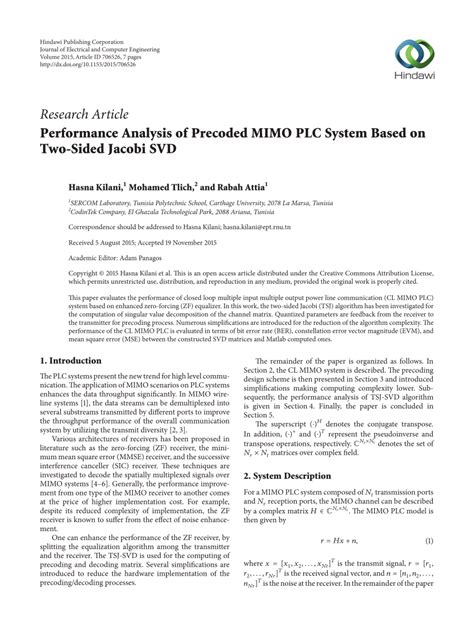 Pdf Performance Analysis Of Precoded Mimo Plc System Based On Two Sided Jacobi Svd