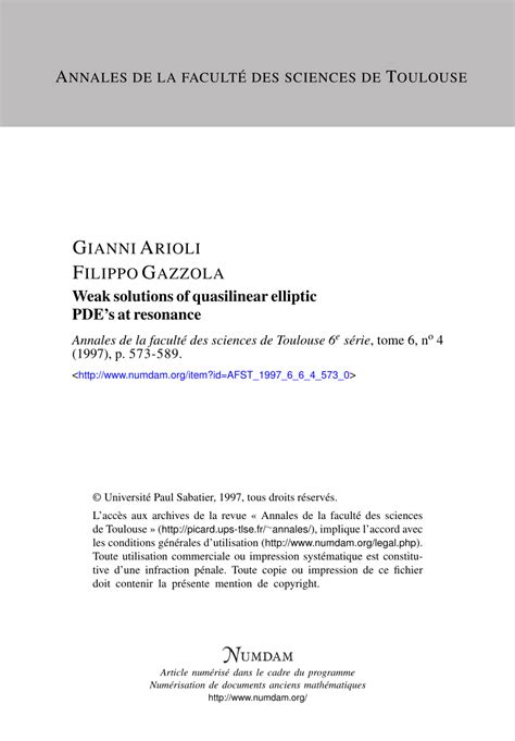 Pdf Weak Solutions Of Quasilinear Elliptic Pdes At Resonance