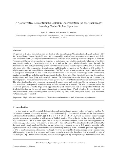 Pdf A Conservative Discontinuous Galerkin Discretization For The Chemically Reacting Navier