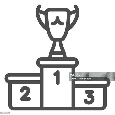 챔피언 컵 라인 아이콘 스포츠 게임 및 경쟁 개념이 있는 우승자 받침대 벡터 그래픽 흰색 배경에 수상 트로피 스탠드 기호 모바일 또는 웹 디자인용 윤곽선 스타일 아이콘