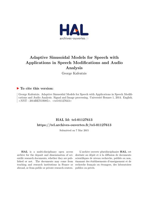 Pdf Adaptive Sinusoidal Models For Speech With Applications In Speech Modifications And Audio