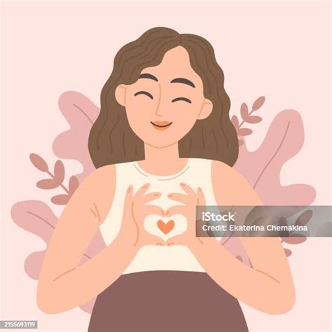 행복한 여성은 손으로 마음을 표현합니다 자기 사랑 개념 벡터 일러스트 레이 션 개념에 대한 스톡 벡터 아트 및 기타 이미지