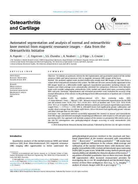 Pdf Automated Segmentation And Analysis Of Normal And Osteoarthritic Knee Menisci From