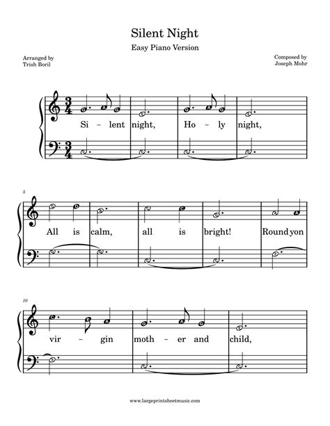 Silent Night Easy Piano Large Print With Note Names In Note Head Arr