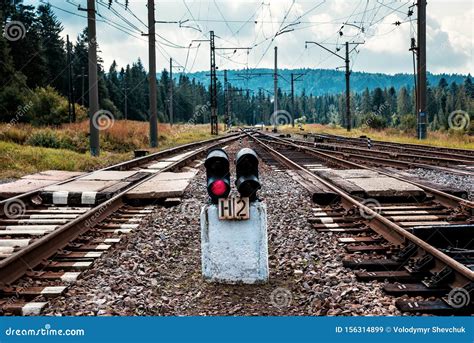 Red Semaphore And Rails Stock Image Image Of Track 156314899