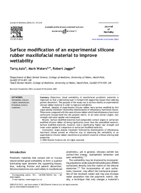 Pdf Surface Modification Of An Experimental Silicone Rubber Aimed At